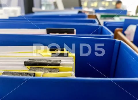 Classic Blue Document file with Paper Document on office background ...