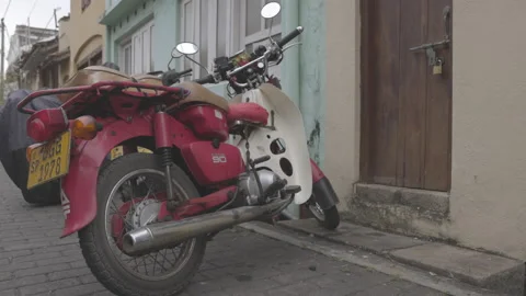 Classic honda 90 motorcycle, bike parked... | Stock Video | Pond5