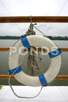Classic life safety ship's ring boat, rubber life raft on the ship ...
