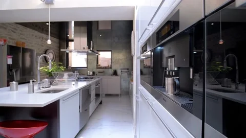 Clean bright modern design kitchen space... | Stock Video | Pond5