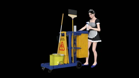 cleaning lady maid comes rolls a cart c... | Stock Video | Pond5