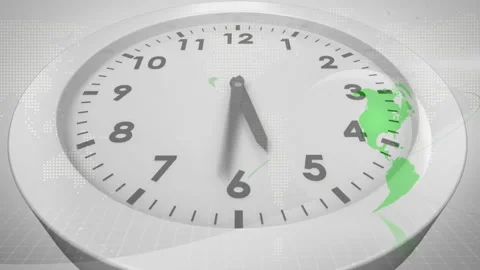 Clock face with world map animation over... | Stock Video | Pond5