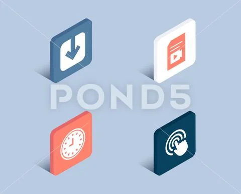 Clock, Load document and Video file icons. Click sign. Time or watch ...