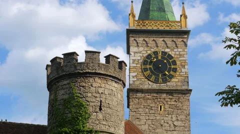 clock tower view at downtown in swiss to... | Stock Video | Pond5