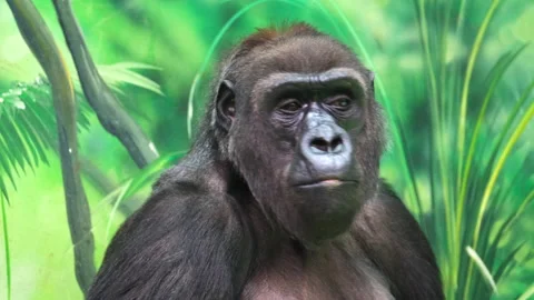 Close-up an adult gorilla looks around a... | Stock Video | Pond5
