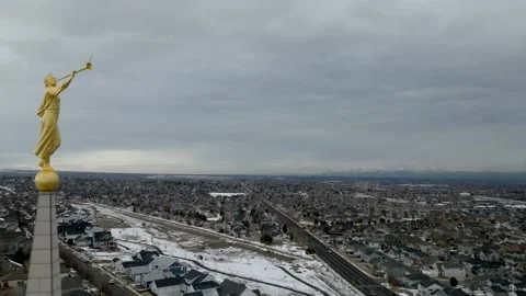 Close aerial view of Angel Moroni on the... | Stock Video | Pond5