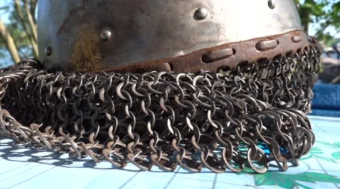 Close up chain armor of medieval helmet ... | Stock Video | Pond5