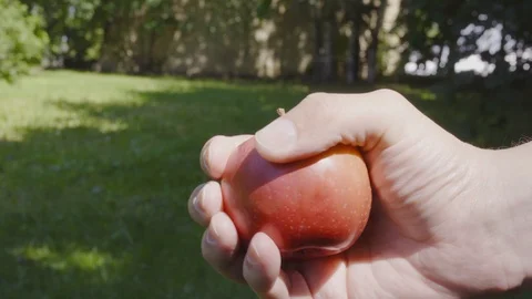 close-up, crush apple with one hand | Stock Video | Pond5