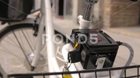 Photograph: Close up of the electric bicycle battery pack with switch ...