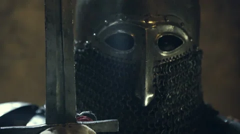 Close up on face of medieval knight face... | Stock Video | Pond5