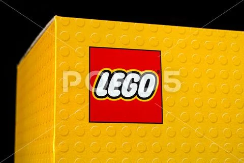 Photograph: Close-up of Lego box with logo against black background ...