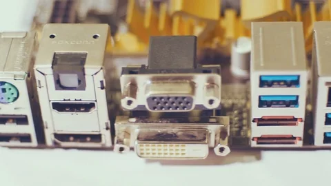 Close up of motherboard ports. Electroni... | Stock Video | Pond5