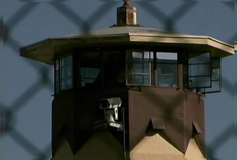 Close-up of prison guard tower seen thro... | Stock Video | Pond5
