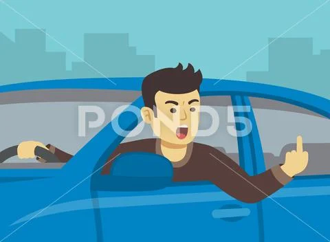 Close-up of a rude young driver giving middle finger. Road rage ...