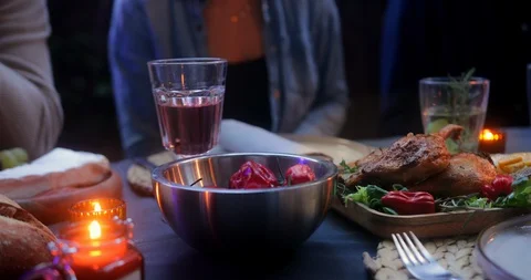 Close up side view food on set table med... | Stock Video | Pond5