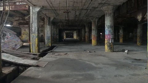 CLOSE UP: Terrifying ruined garage in de... | Stock Video | Pond5