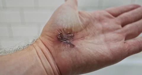 Close-up of torn skin on palm after fall... | Stock Video | Pond5