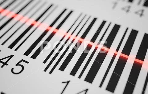 Close-up view on red laser is scanning label with barcode on product ...