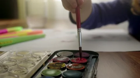 Close up view of watercolor paints rack ... | Stock Video | Pond5