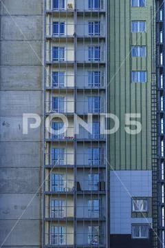 Close up of wall of panel box building of housing under construction ...