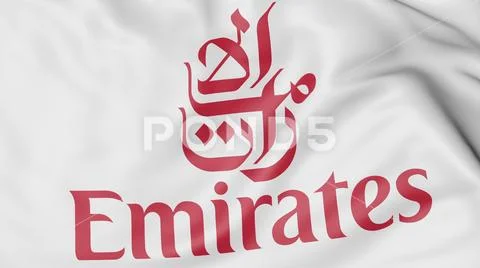 Close-up of waving flag with Emirates Airline logo, editorial 3D ...