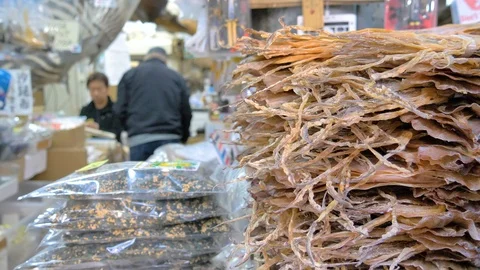 Closer look of a dried fish stacks in Ts... | Stock Video | Pond5