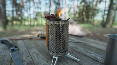 closeup burning modern portable campfire... | Stock Video | Pond5