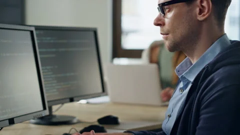 Closeup developer hands coding in office... | Stock Video | Pond5