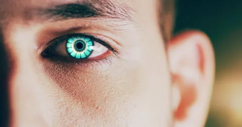 Closeup, robotic eye and man with optome... | Stock Video | Pond5