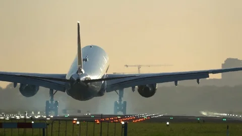 Closeup slow motion of landing airplane | Stock Video | Pond5