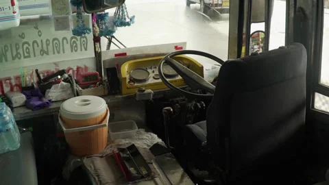 Closeup View Of An Empty Bus Driver Seat... | Stock Video | Pond5