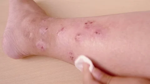 closeup weeping wounds, venous ulcers on... | Stock Video | Pond5