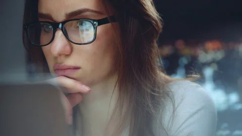 Closeup of woman eyes looking at monitor... | Stock Video | Pond5
