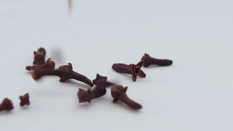 Cloves falling down on white surface. | Stock Video | Pond5