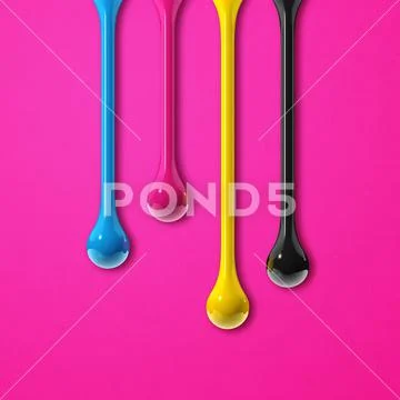 Cmyk ink drops on pink paper square background Illustration #156469548