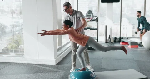 Coach, balance ball and woman training f... | Stock Video | Pond5