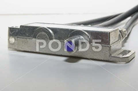 Coax cable splitter block with blue input F Connector ~ Hi Res #221585628