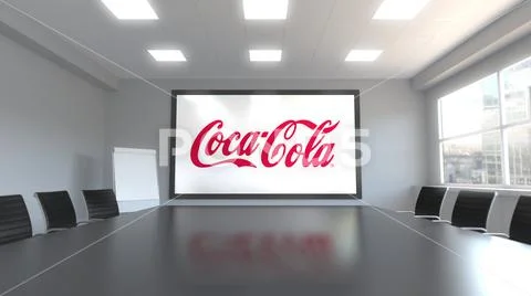 Coca-Cola logo on the screen in a meeting room. Editorial 3D rendering: Royalty Free #201443034