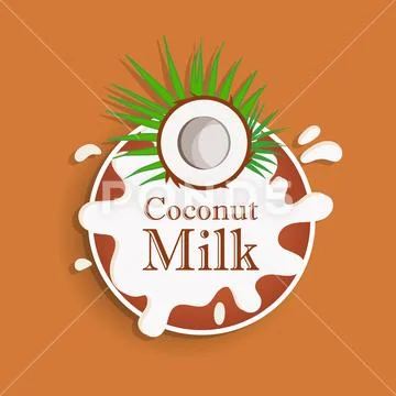 Coconut milk. Coconut on a milk splash. Flat design style. Packaging ...