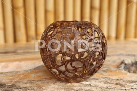Coconut shell carving. Handicraft of indigenous people in Bali ...
