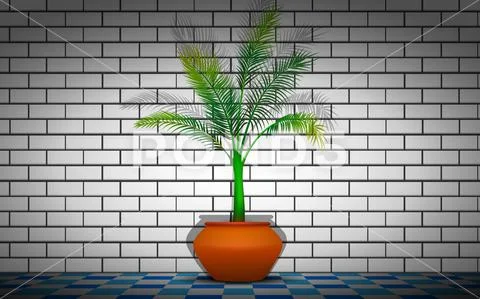 Coconut tree at the white brick wall background ~ Clip Art #137843655