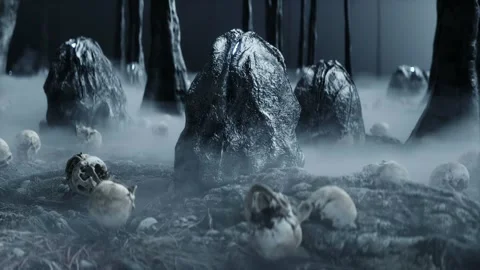 cocoons of alien monsters in the misty f... | Stock Video | Pond5