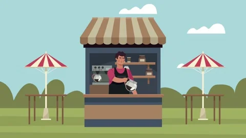 coffee shop animation with worker in kio... | Stock Video | Pond5