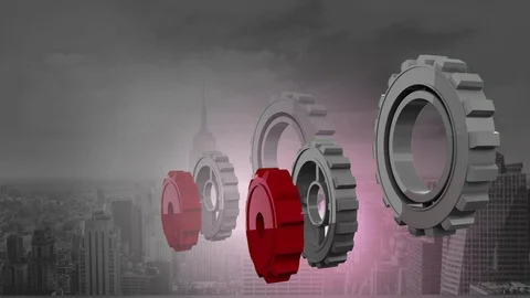 Cogs rotating with cityscape in the back... | Stock Video | Pond5