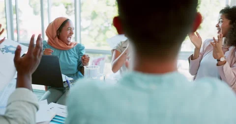 Collaboration, winner or high five with ... | Stock Video | Pond5