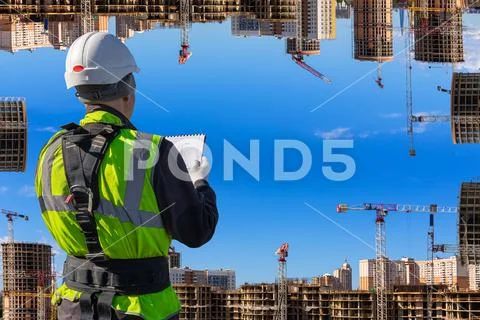 Collage of construction worker in helmet and uniform reads technical ...