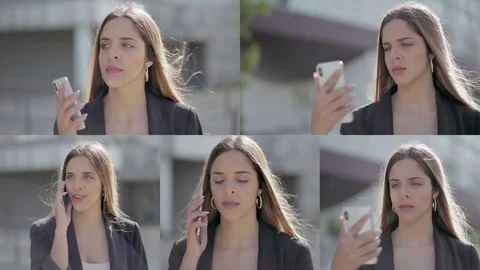 Collage of girl talking on phone, having... | Stock Video | Pond5
