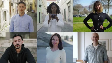 Collage of happy people looking at camer... | Stock Video | Pond5