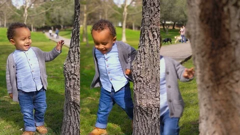 Collage of little boy running around tre... | Stock Video | Pond5