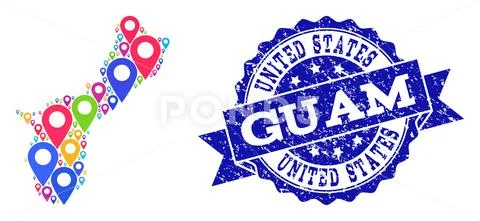 Collage Map of Guam Island with Map Pointers and Grunge Stamp ...
